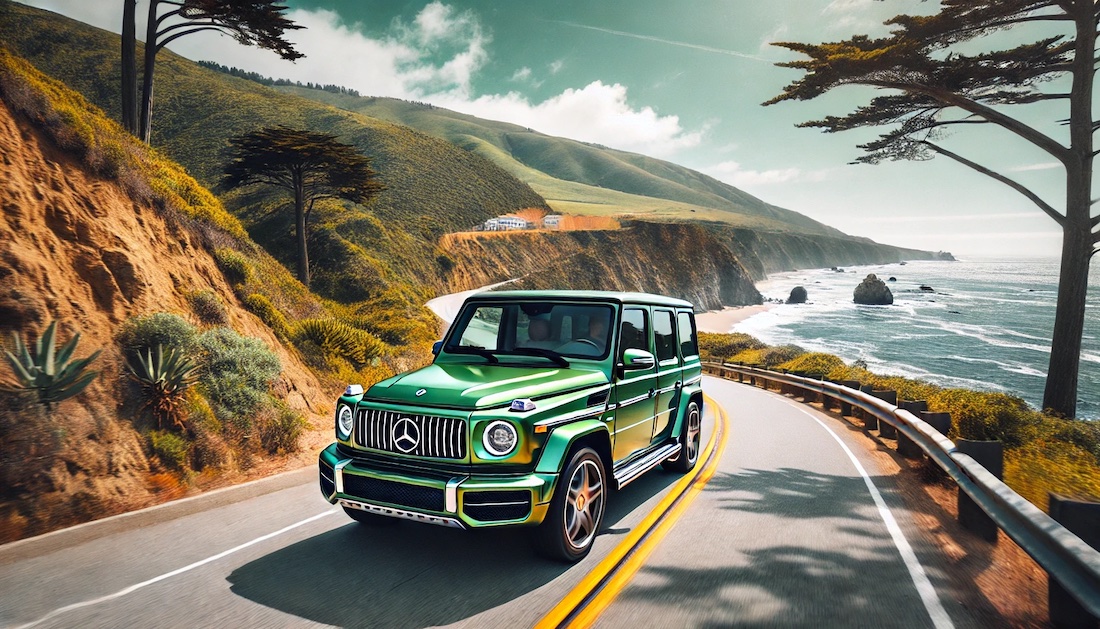 DALL·E 2025-04-20 12.41.22 - A vibrant green Mercedes G-Class SUV ...